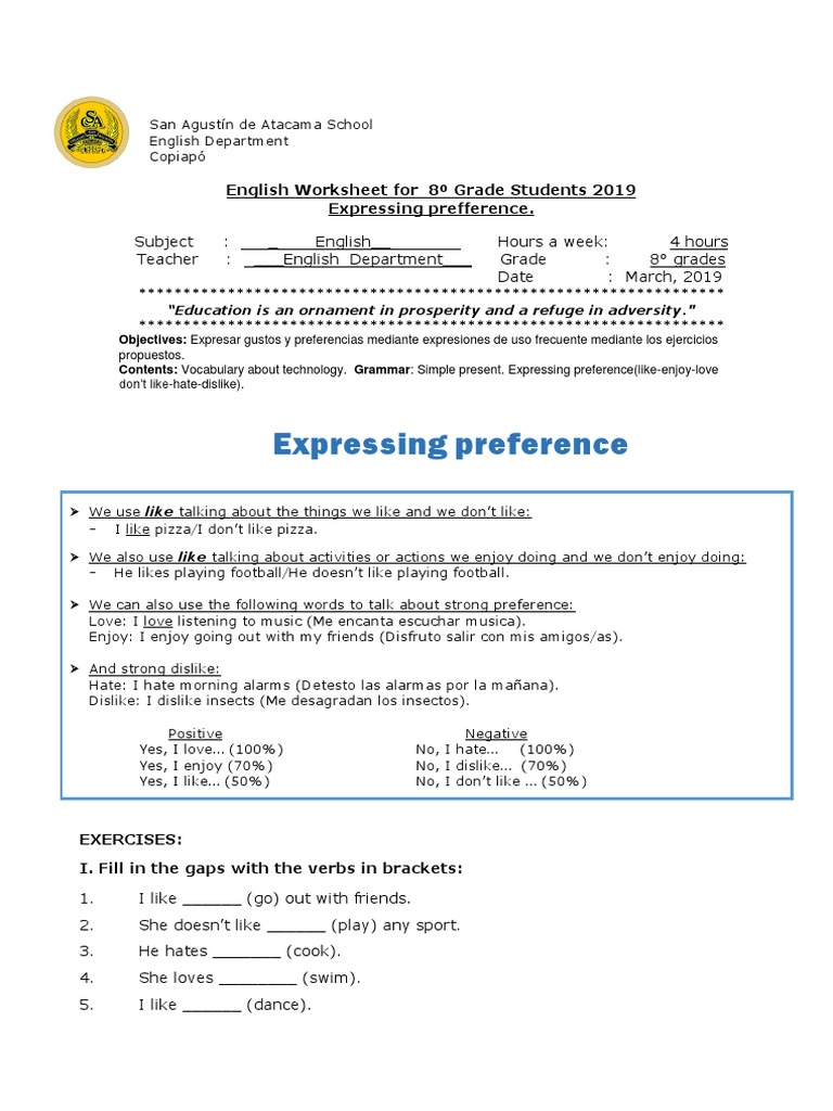 Expressing Preference: English Worksheet For 8º Grade Students 2019 ...