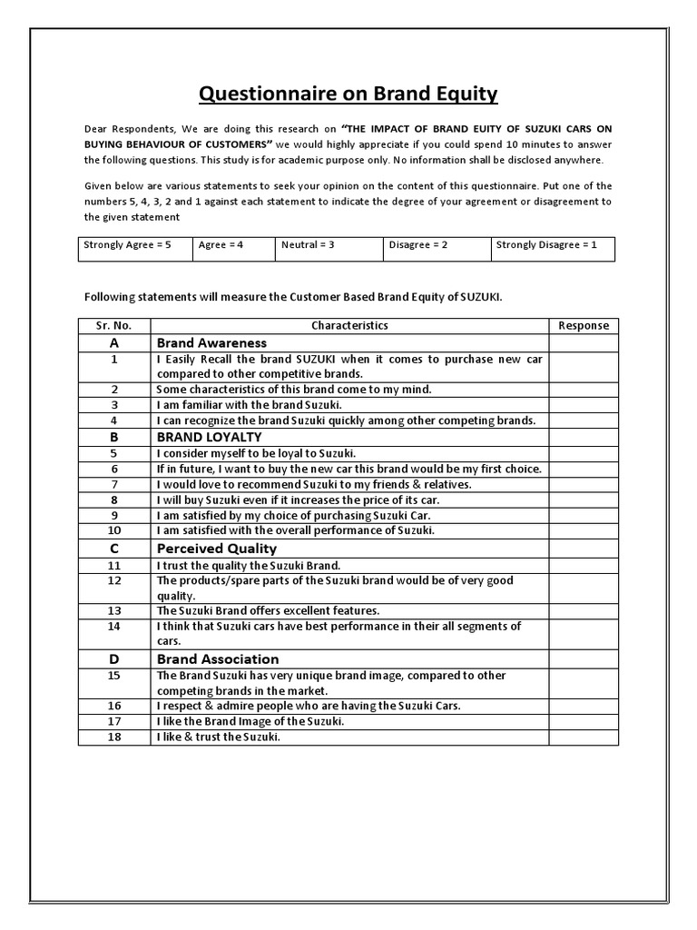Suzuki Questionnaire On Brand Equity | PDF | Brand | Economies