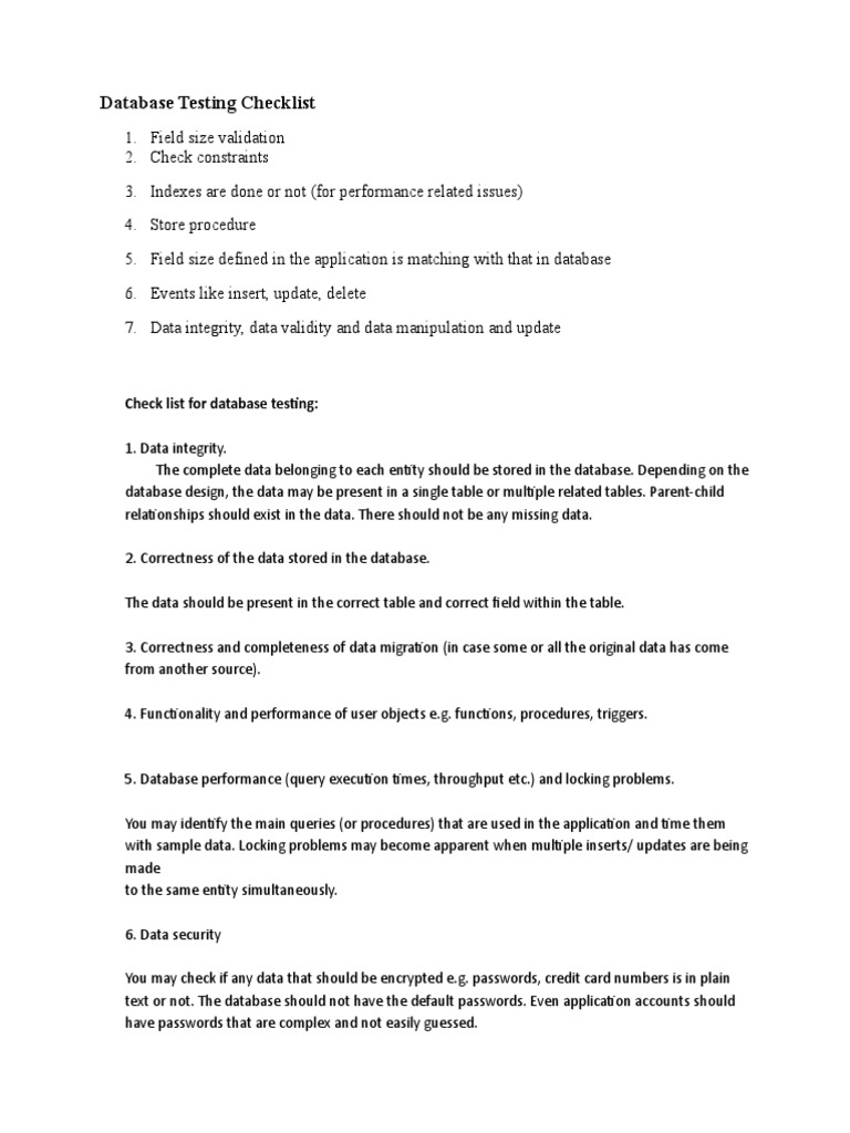 Database Testing Checklist Pdf Databases Database Index 7536