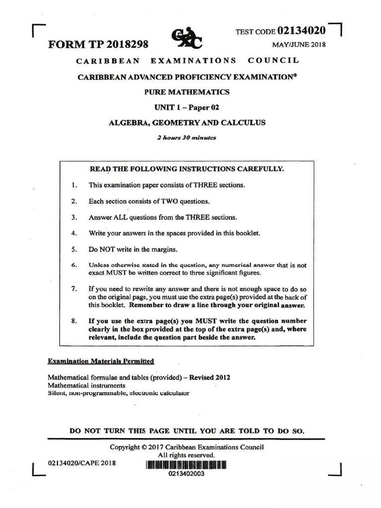 CAPE Pure Mathematics 2018 U1 P2 | PDF | Differential Topology ...