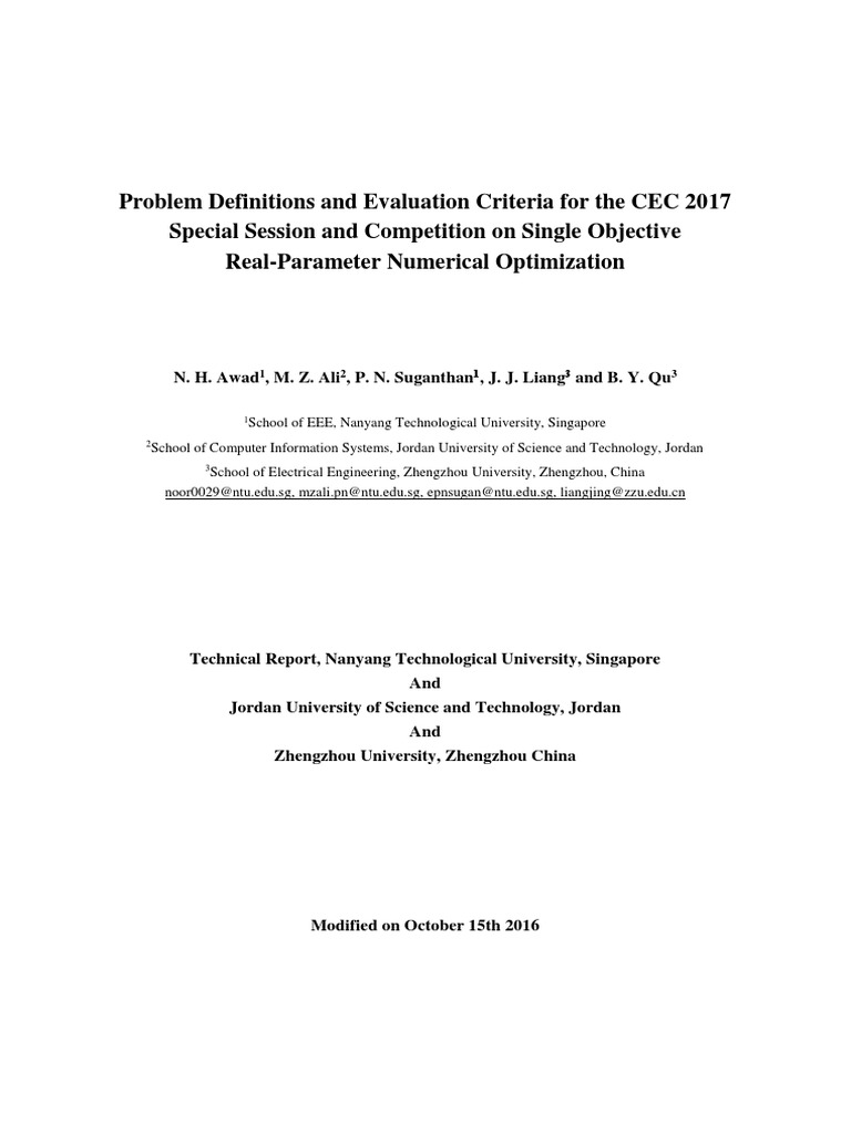 Definitions of CEC2017 Benchmark Suite Final Version Updated | PDF | Mathematical Optimization ...