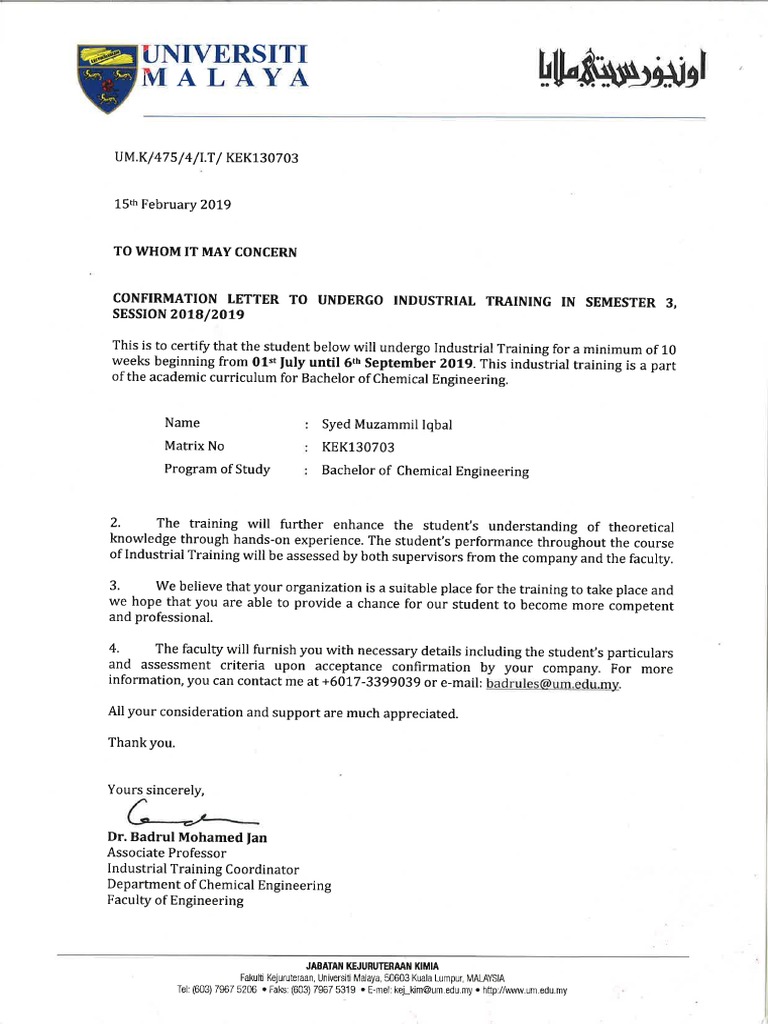 Industrial Training Letter | PDF