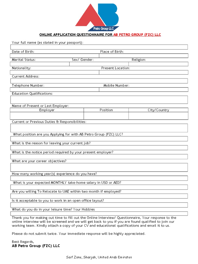 AB Petro Group Application Questionnaire | PDF | Career & Growth | Law
