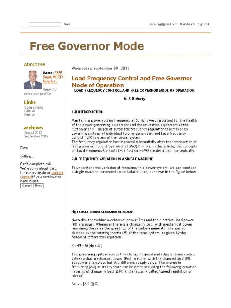 Load Frequency Control and Free Governor Mode of Operation | PDF ...