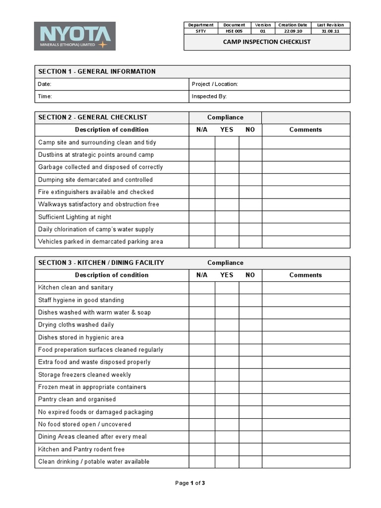 Sample Camp Inspection Checklist PDF | PDF | Hygiene | Home