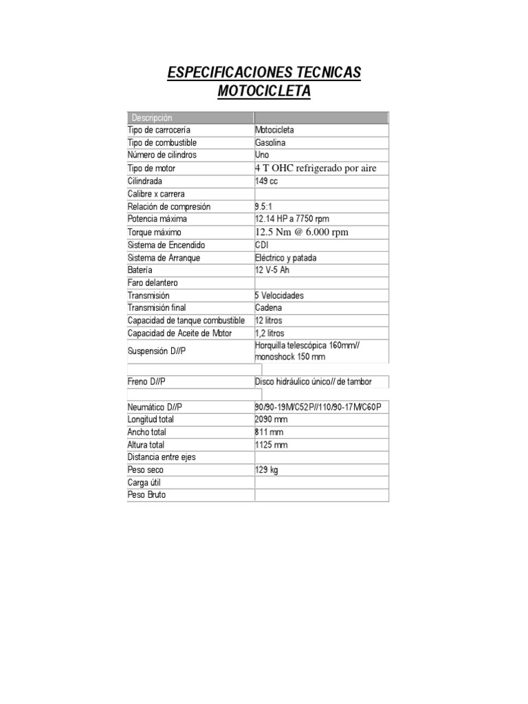 Especificaciones Tecnicas - Moto | PDF | Motocicleta | Industria automotriz