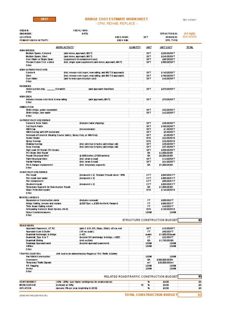 Bridge Cost Estimate Worksheet: - CPM, Rehab, Replace | PDF | Concrete ...