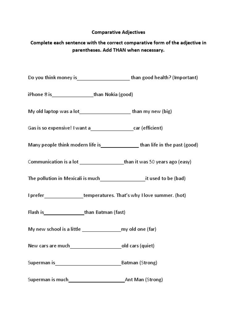 Comparative Adjectives Complete Each Sentence With The Correct ...