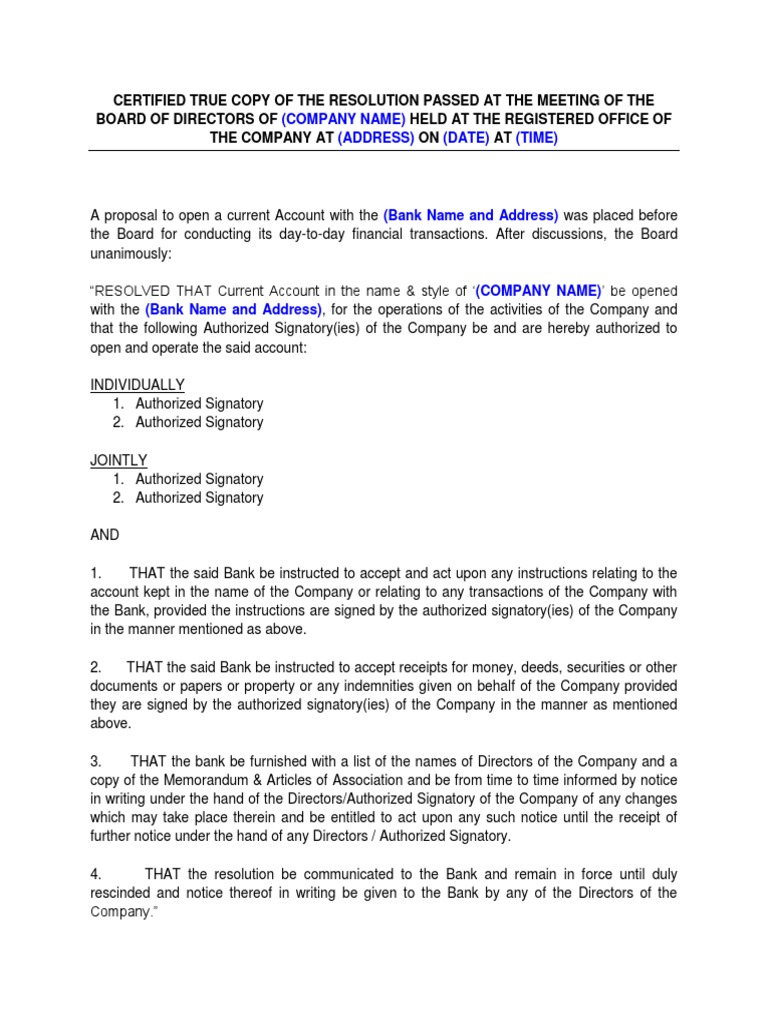 Format For Company Bank Account Opening | PDF | Board Of Directors ...