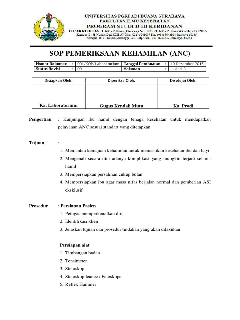 Sop Pemeriksaan Kehamilan (Anc) PDF | PDF