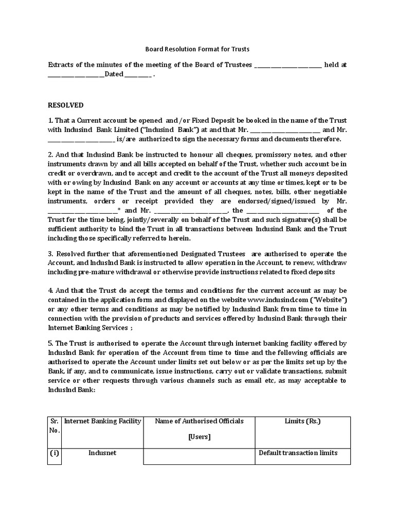 Board Resolution Draft Trusts | PDF | Transaction Account | Banks