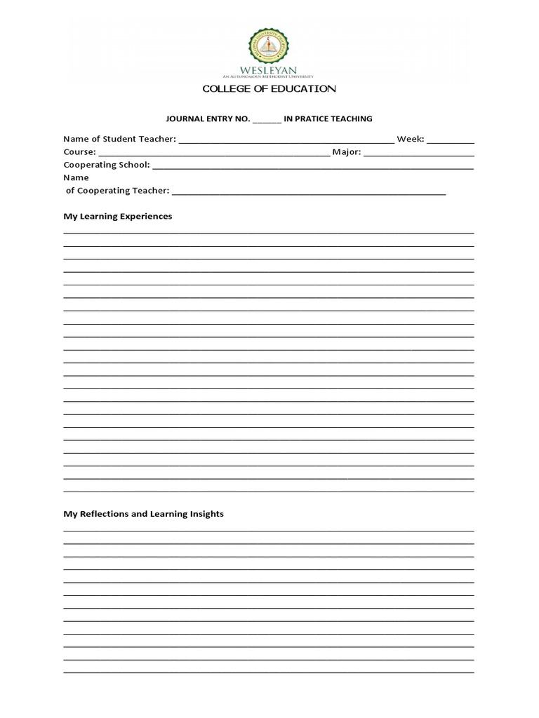College of Education: Journal Entry No. - in Pratice Teaching | PDF ...