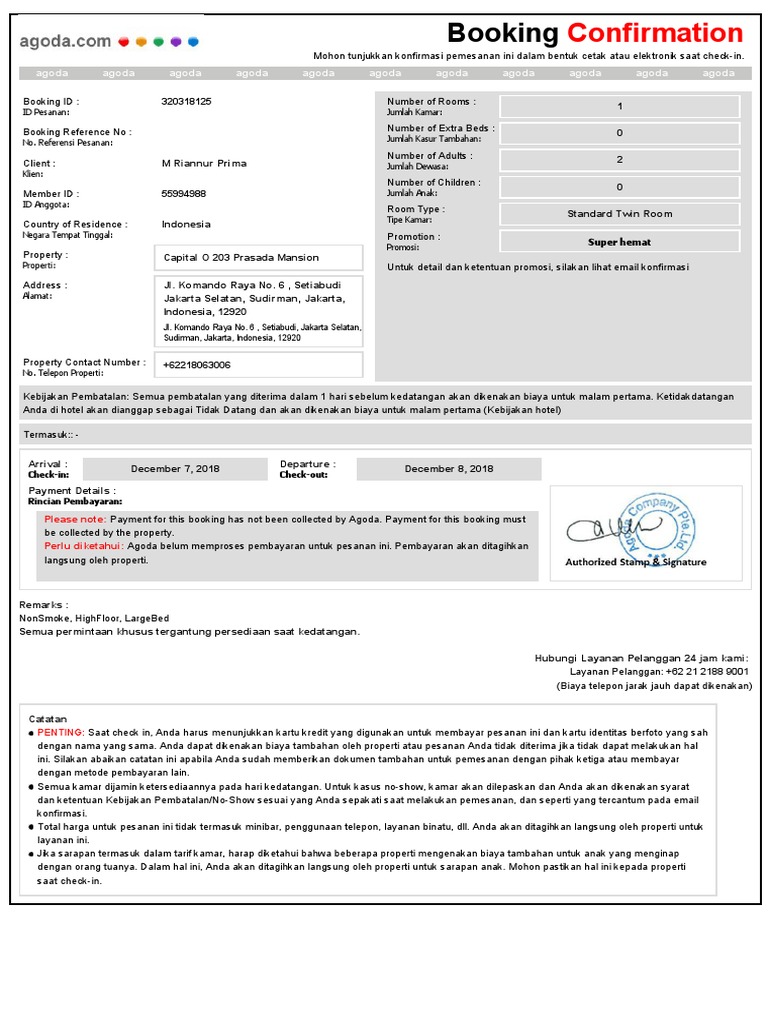 Contoh Format Confirmation For Booking ID # 320318125 Check-In (Arrival ...