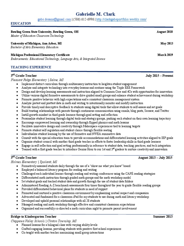 Final Resume Gabrielle Clark | PDF | Educational Assessment | Teachers