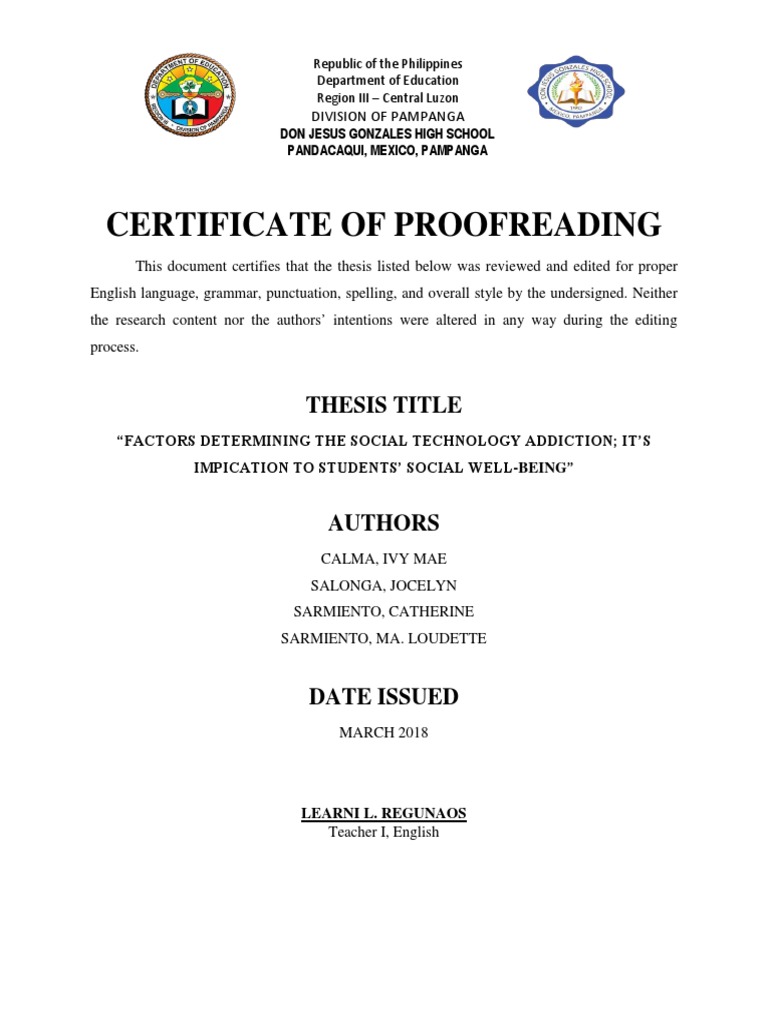 Proofreading Certificate for Thesis | PDF | Thesis | Academia