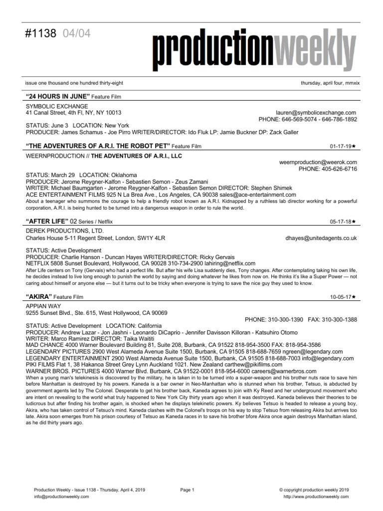 Production Weekly - Issue 1138 - Thursday, April 4, 2019 / 161 Listings ...