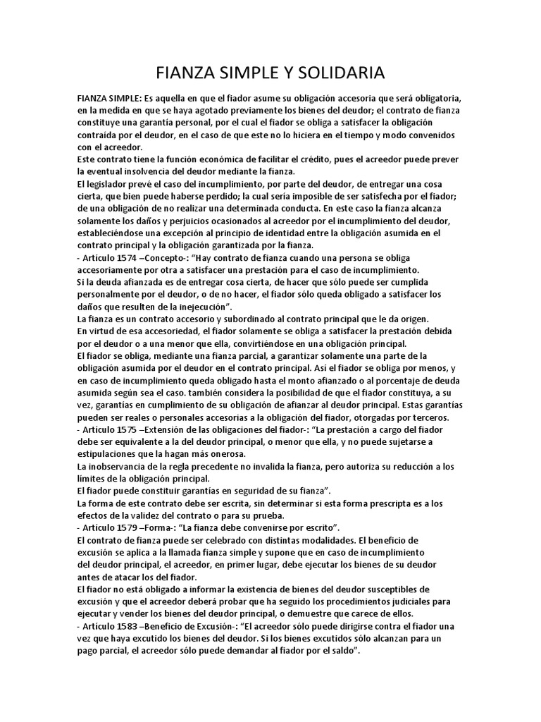 Fianza Simple y Solidaria | PDF | Garantía | Pagos