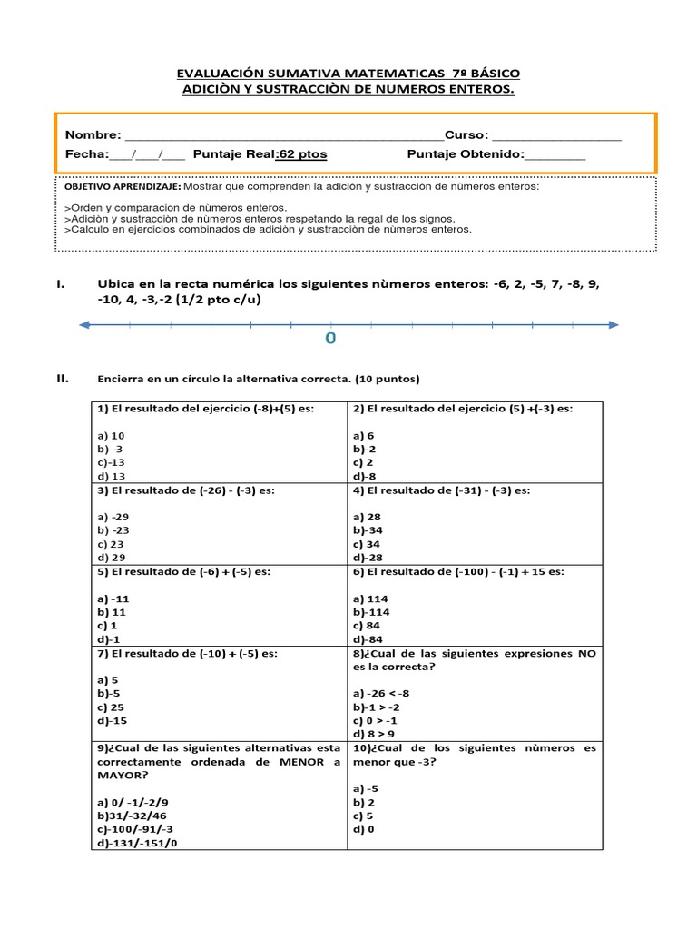 Evaluación Septimo Basico Matematica | PDF | Sustracción | Números