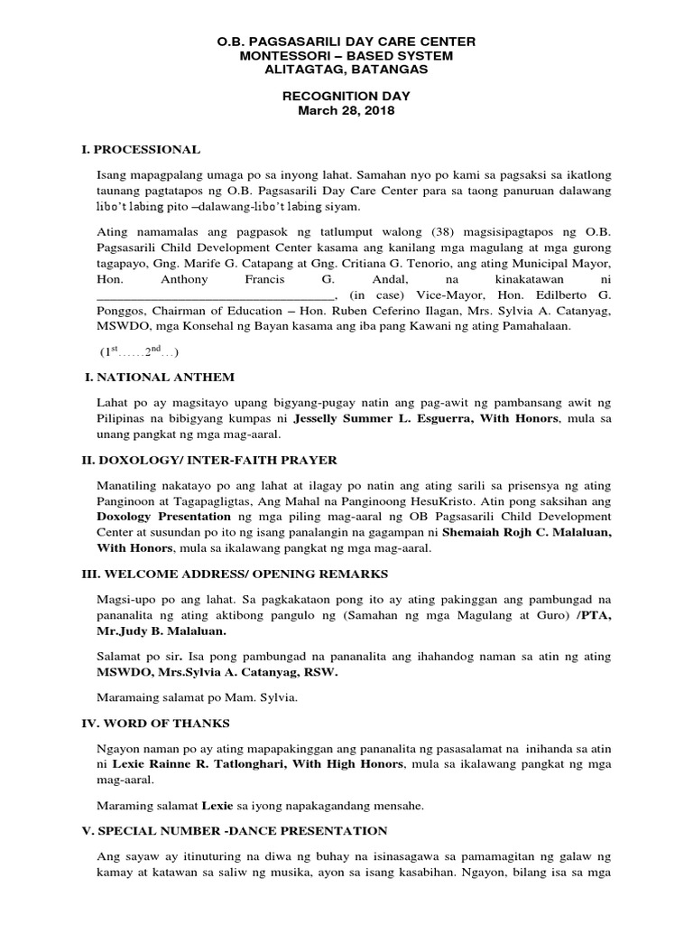 EMCEE SCRIPT Graduation Ob | PDF