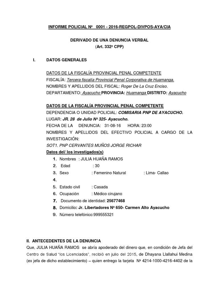 Informe Policial Nuemro1 | PDF | Derecho penal | Ley procesal