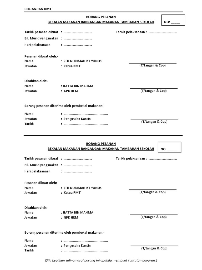 Borang Pesanan RMT | PDF