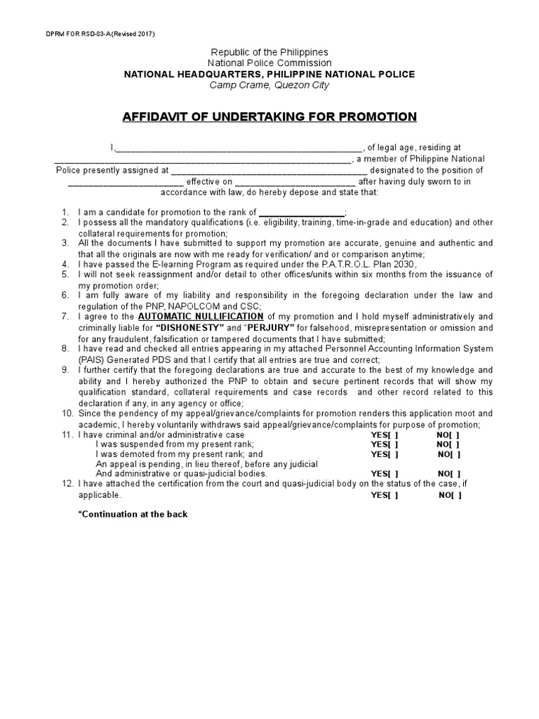 Affidavit of Undertaking for PNP Promotion | PDF | Affidavit | Complaint