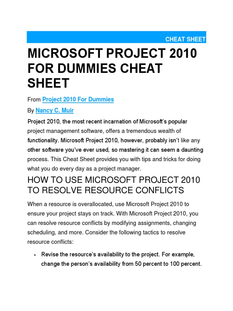 Microsoft Project Cheat Sheet