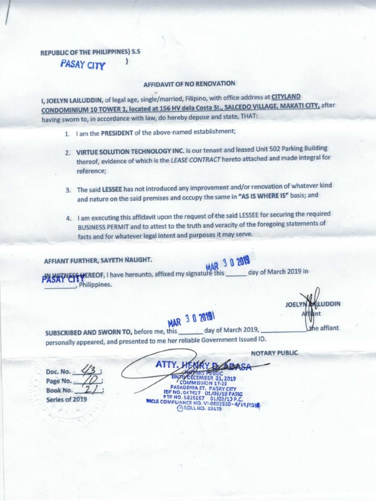Affidavit of No Renovation