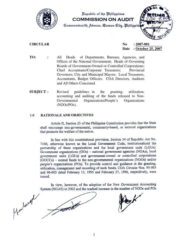 COA Circular No. 2007-001 Funds released to NGOs POs.pdf | Public ...