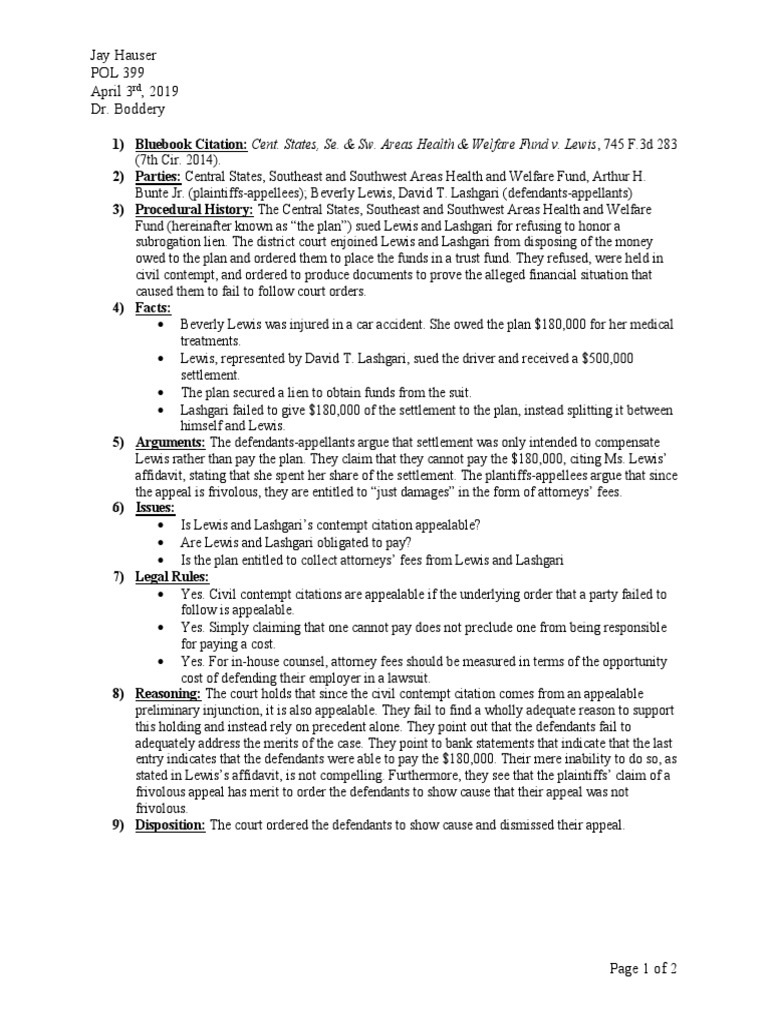 Jay Hauser POL 399 April 3, 2019 Dr. Boddery | PDF | Lawsuit | Justice