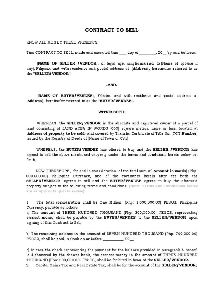 Contract To Sell: (Note: Terms and Conditions Below Are Sample Only ...
