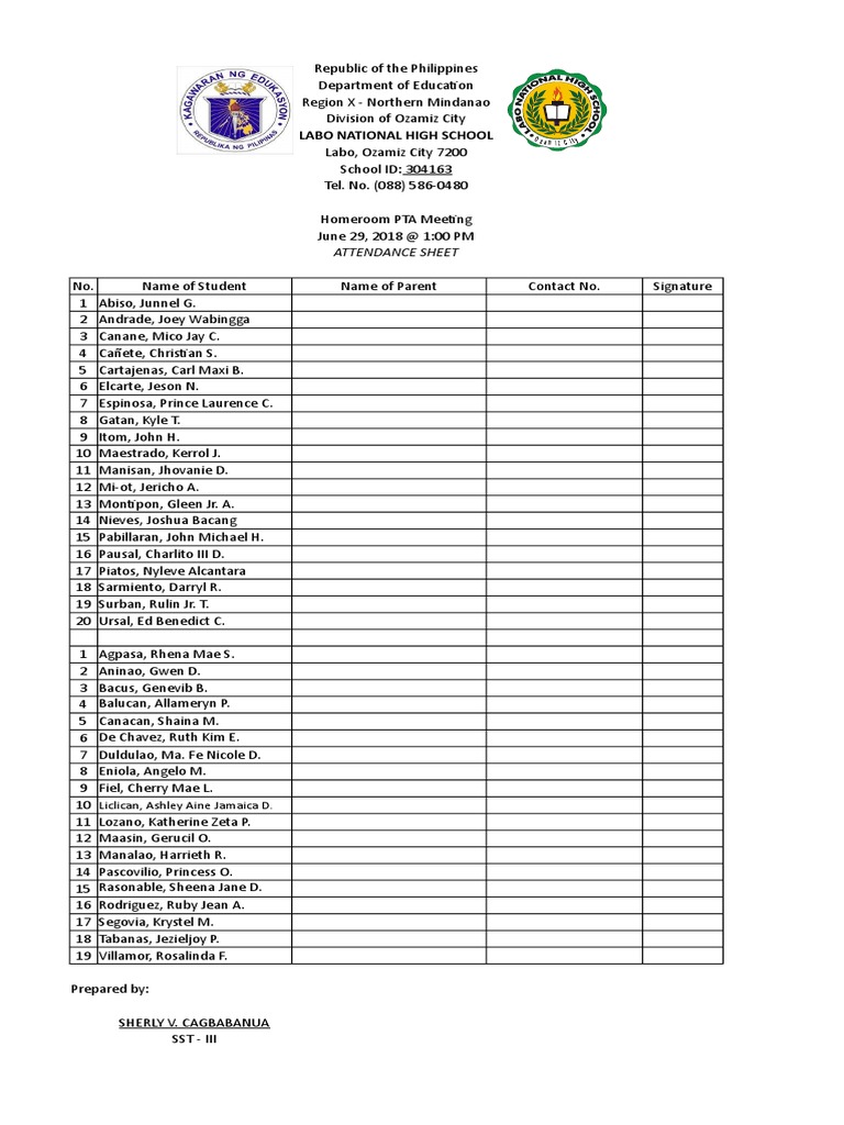PTA Attendance Sheet | PDF