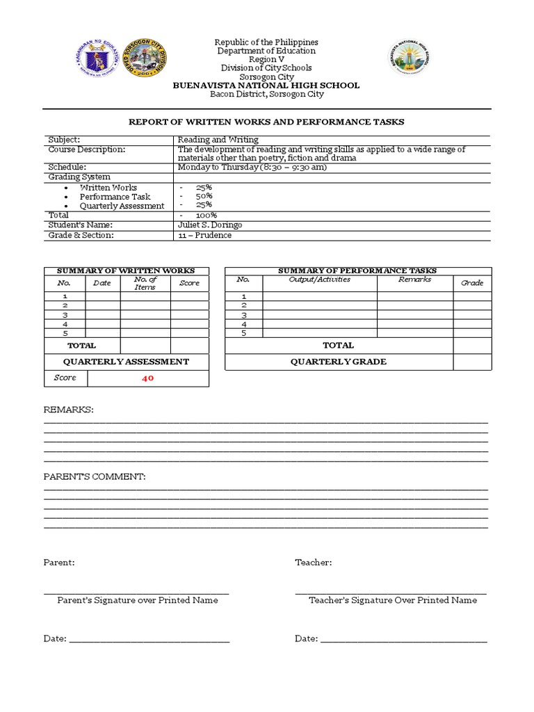 Report of Written Works and Performance Tasks | PDF | Teachers | Teaching