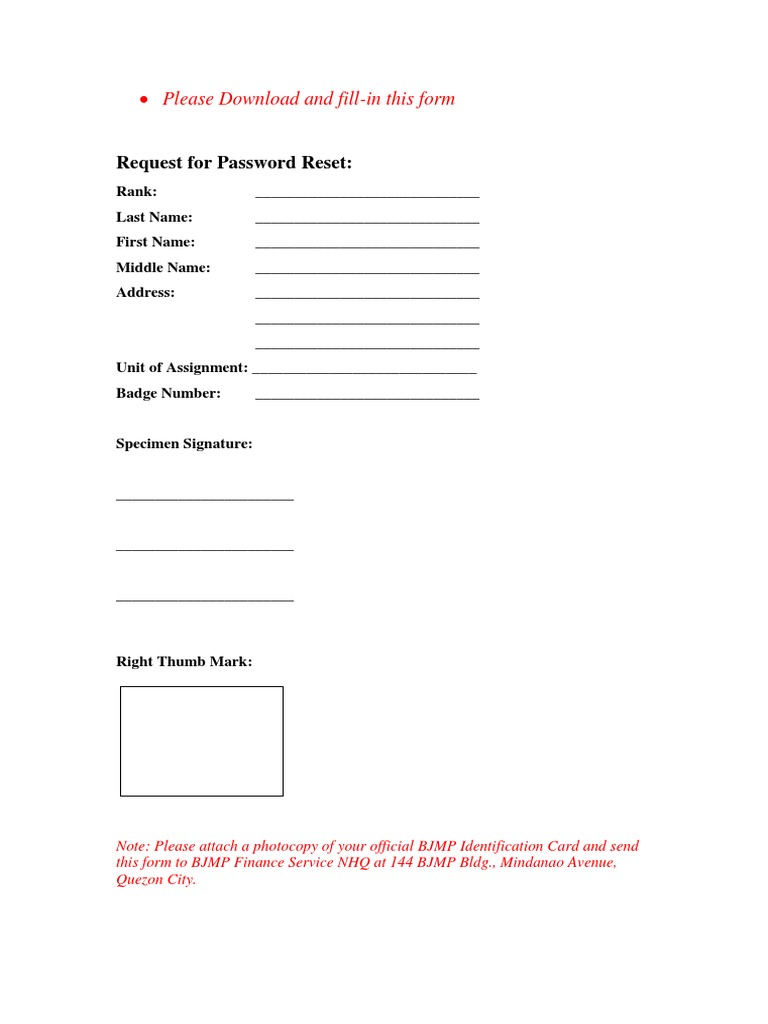 BJMP Password Reset Request Form | PDF