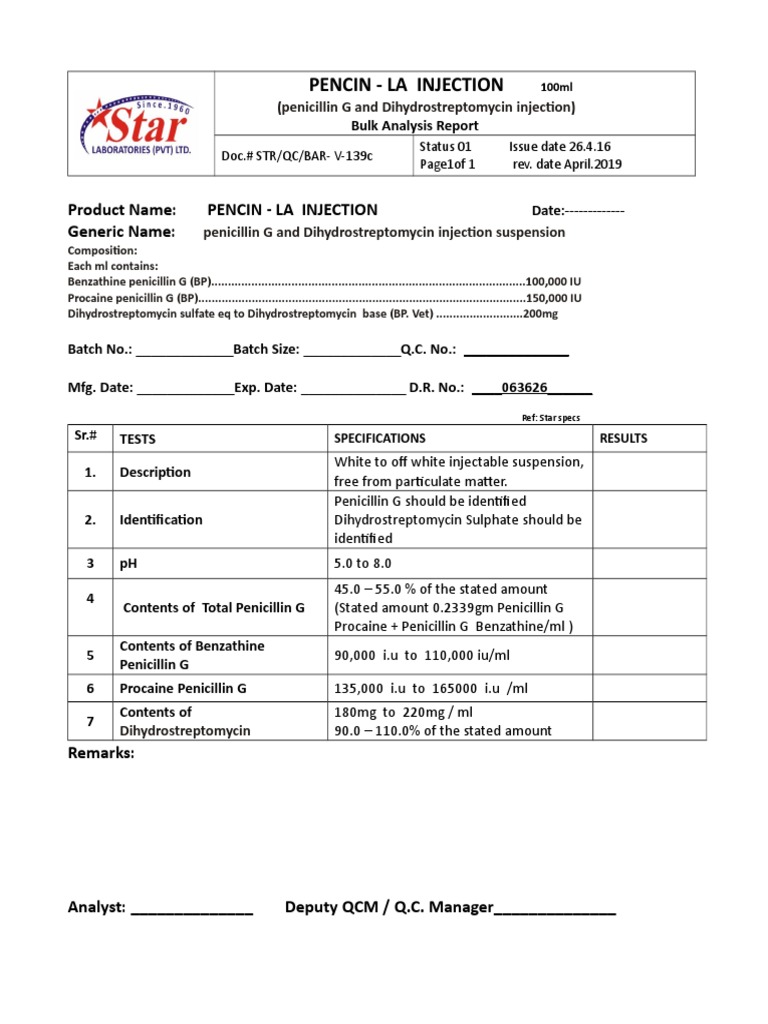 Pencin-LA Injection Analysis Report | PDF | Penicillin | Nature