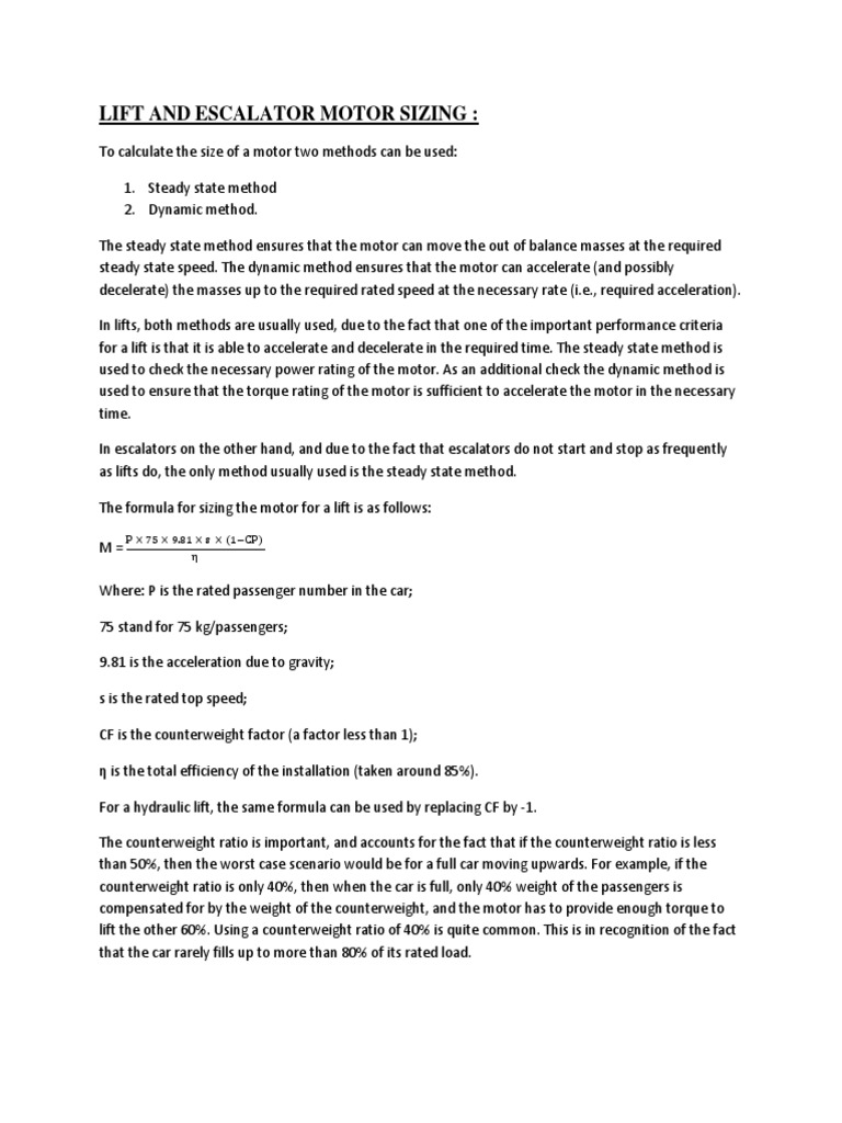 Lift and Escalator Motor Sizing | PDF | Elevator | Power (Physics)