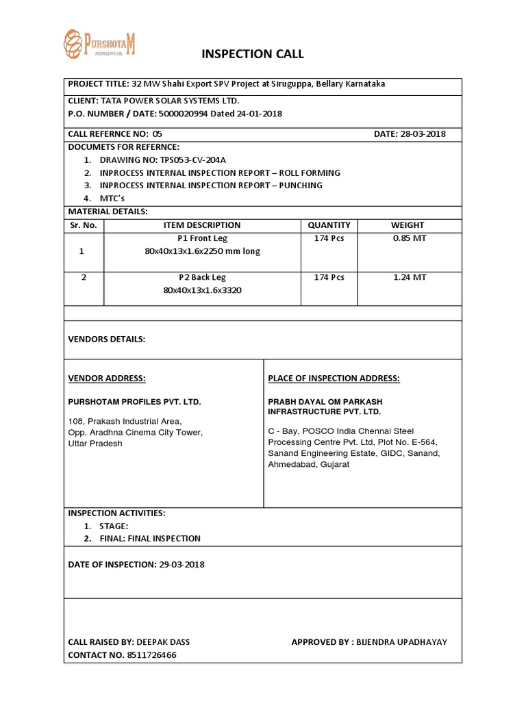 Inspection Call Letter | PDF