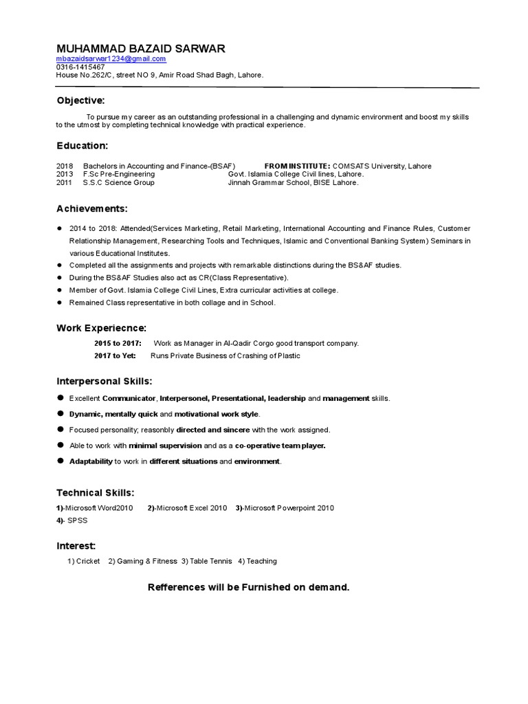 Muhammad Bazaid Sarwar CV | PDF | Career & Growth