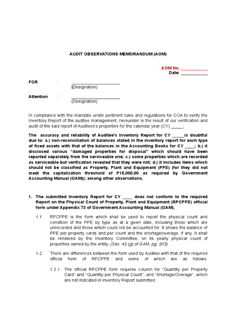Draft AOM - Inventory Report | PDF | Inventory | Financial Audit