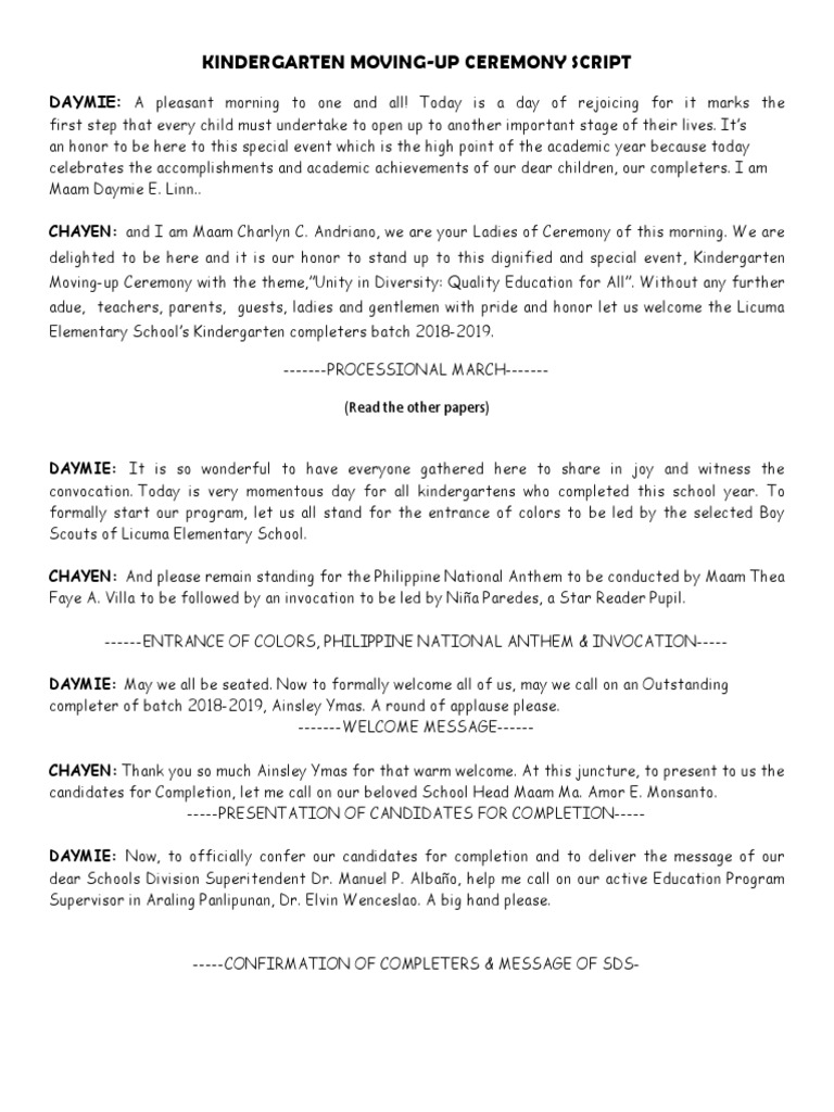 Kindergarten Moving Up Script | PDF