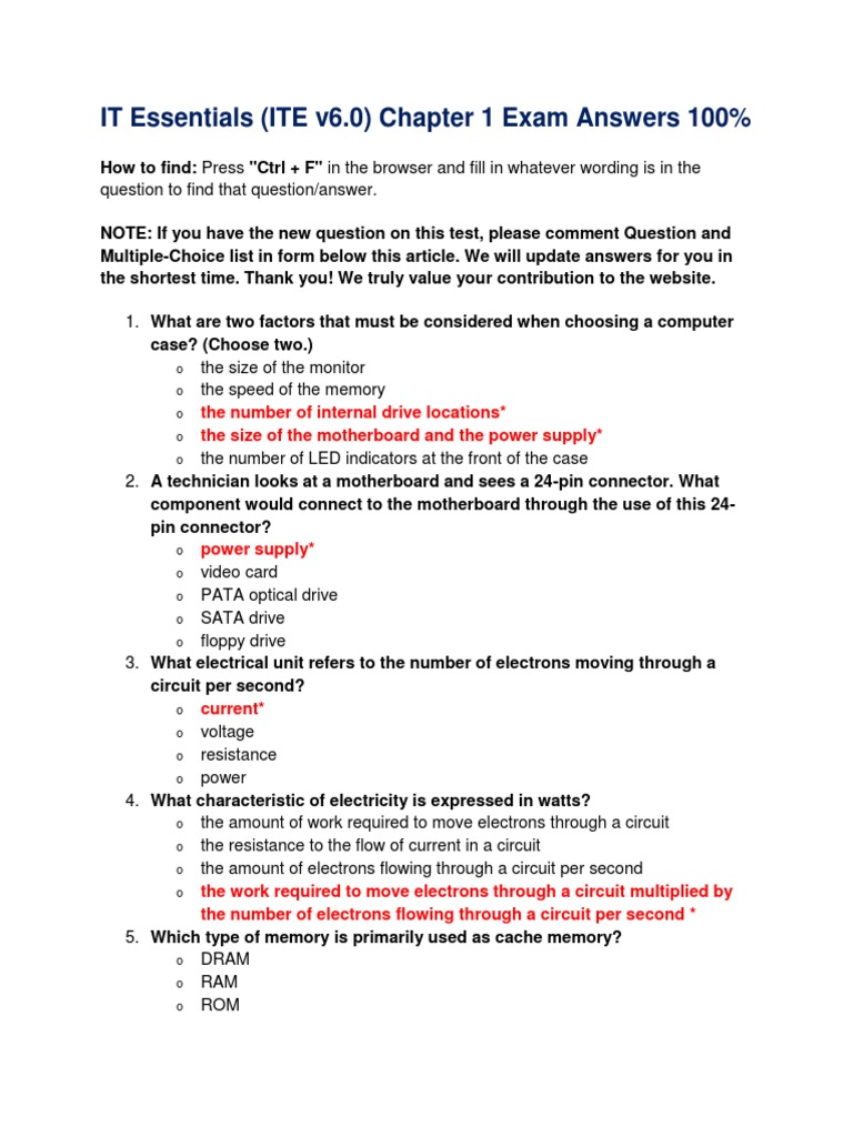 IT Essentials (ITE v6.0) Chapter 1 Exam Answers 100% | PDF | Random ...