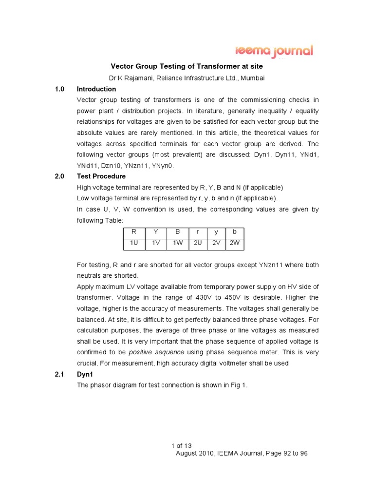 Vector Group Testing at Site - Monograph | PDF | Transformer | Power ...