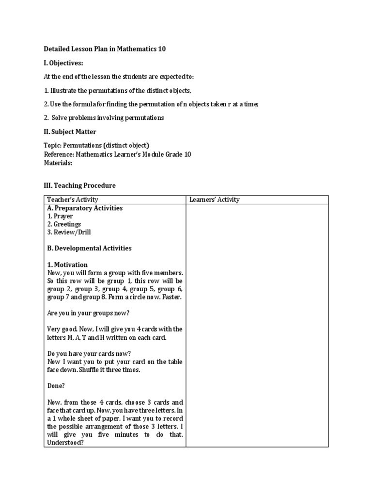Detailed Lesson Plan in Mathematics 10-For COT | PDF | Permutation ...