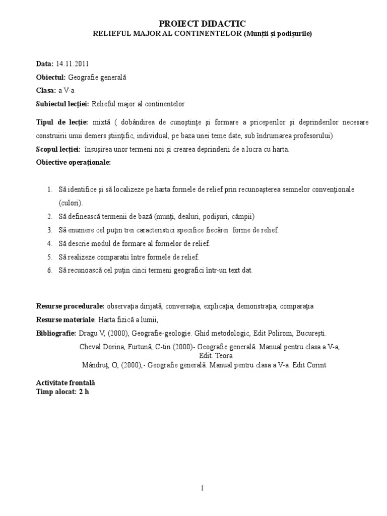 PROIECT DIDACTIC Formele Majore de Relief | PDF