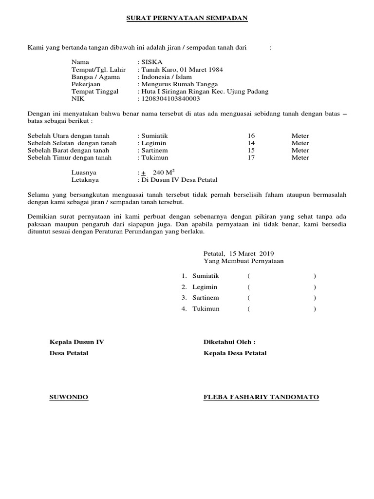 Surat Tanah Pernyataan Sempadan Siska Fleba | PDF