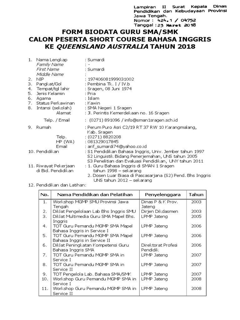 Form Biodata Guru Sma | PDF