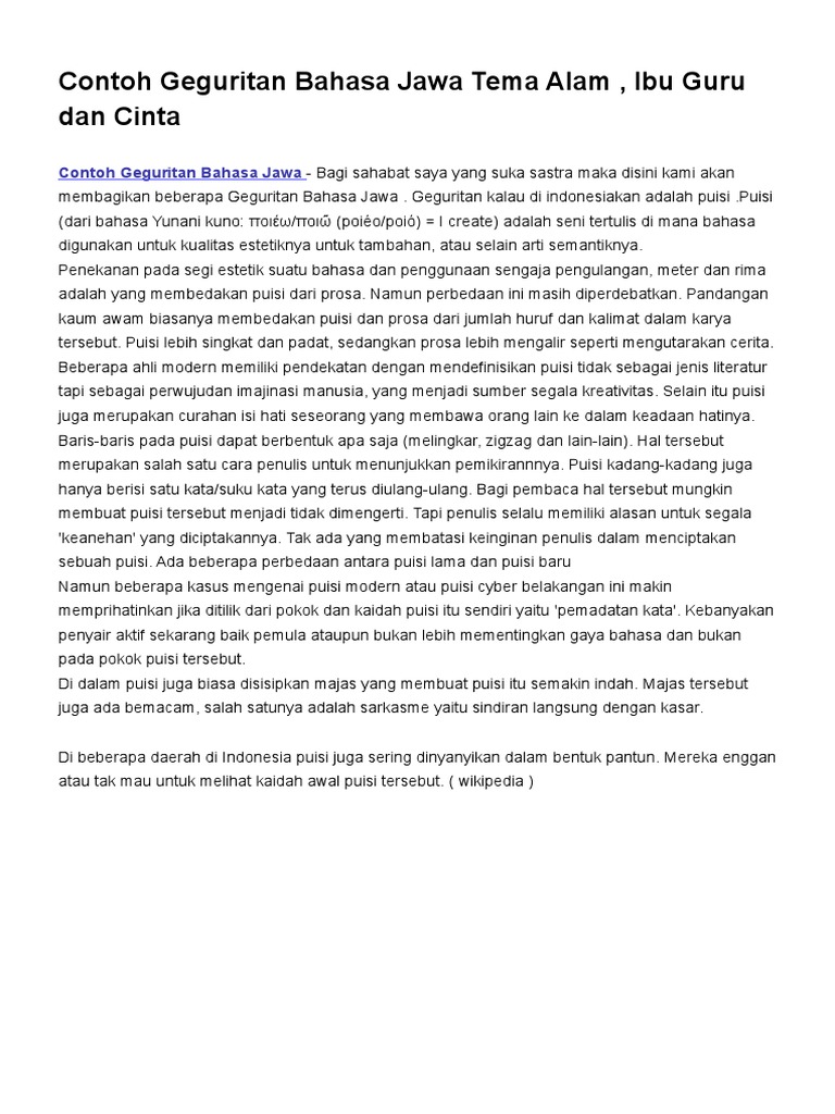Contoh Geguritan Bahasa Jawa Tema Alam, Ibu Guru Dan Cinta - Insani ...