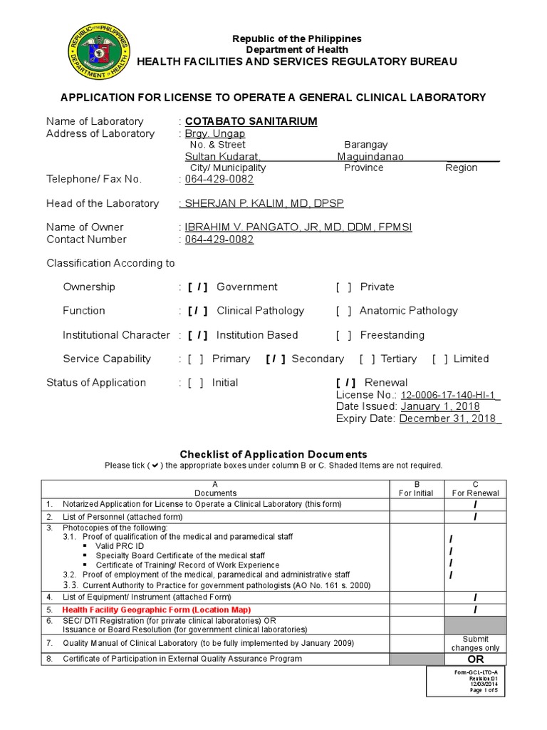 Application For License To Operate A General Clinical Laboratory | PDF ...