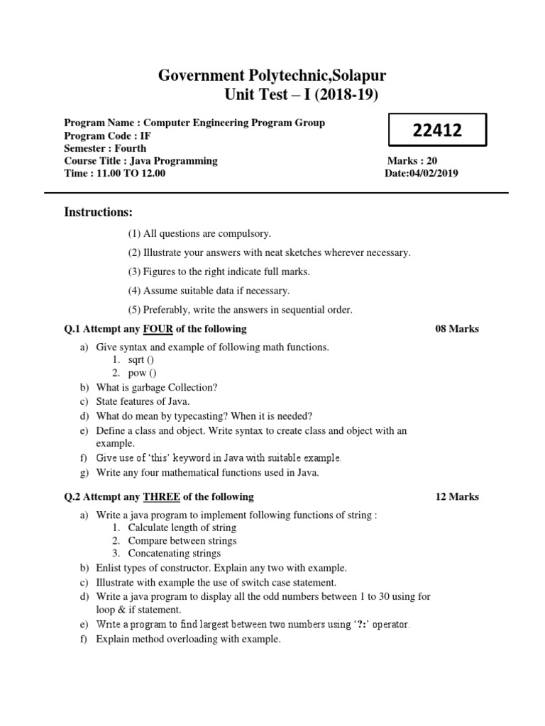 Government Polytechnic, Solapur Unit Test - I (2018-19) : Instructions ...