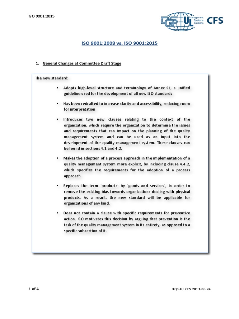ISO 9001:2008 vs. ISO 9001:2015: 1. General Changes at Committee Draft ...